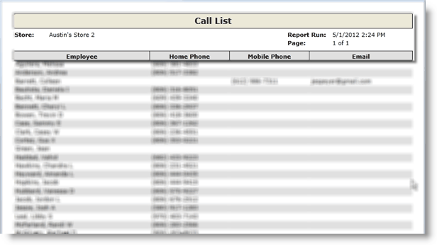 Labor Manager > Reports - Employees > Call List Report